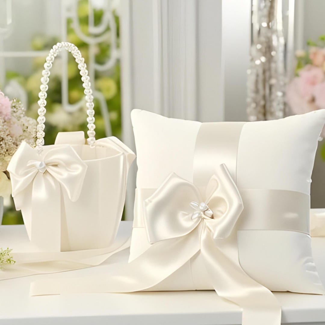Flower Girl Basket Ring Bearer Pillow Set Ivory Satin Bow White Pearl ...