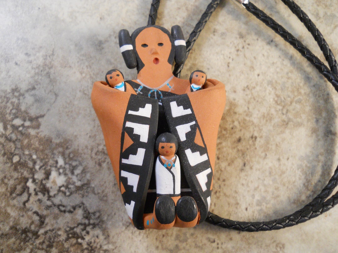 Zuni Artist Mary Lou Kokaly Storyteller Pottery Bolo Tie With Sterling ...