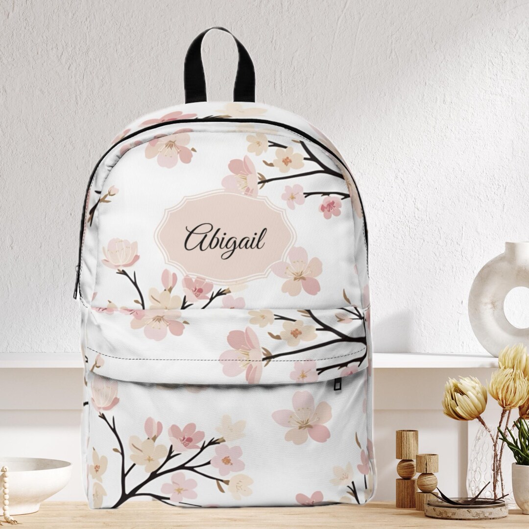 Personalized Japandi Cherry Blossom Backpack: Floral Initial Book Bag ...