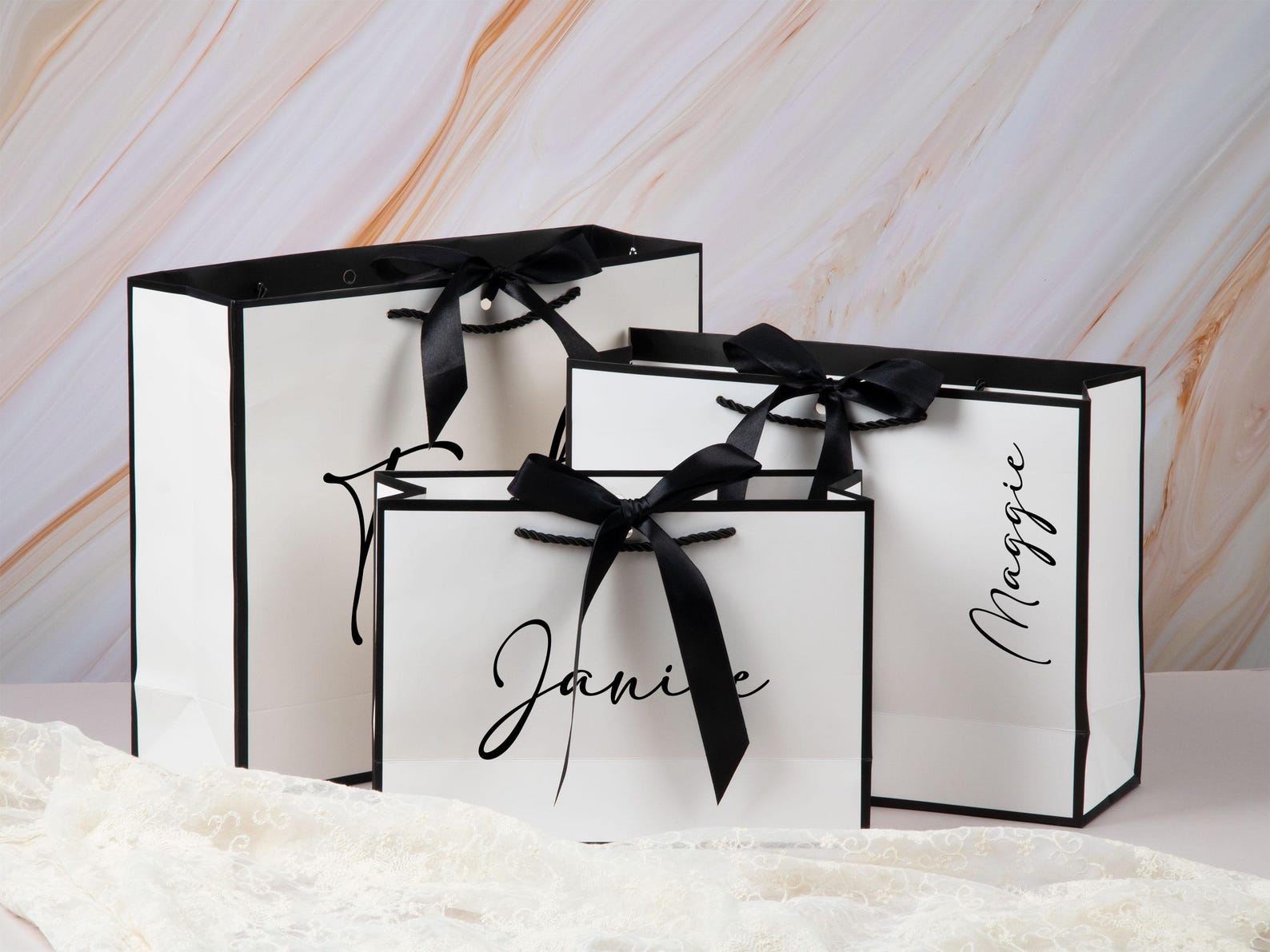 Personalized Wedding Gift Bags & Name, Ribbon Tie, Custom Bridal Party ...