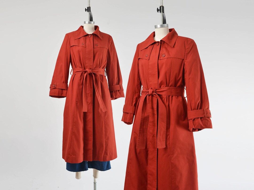 Vintage 70s Rust Brown Trench Coat Midi Length Jacket With Tie Belt and ...