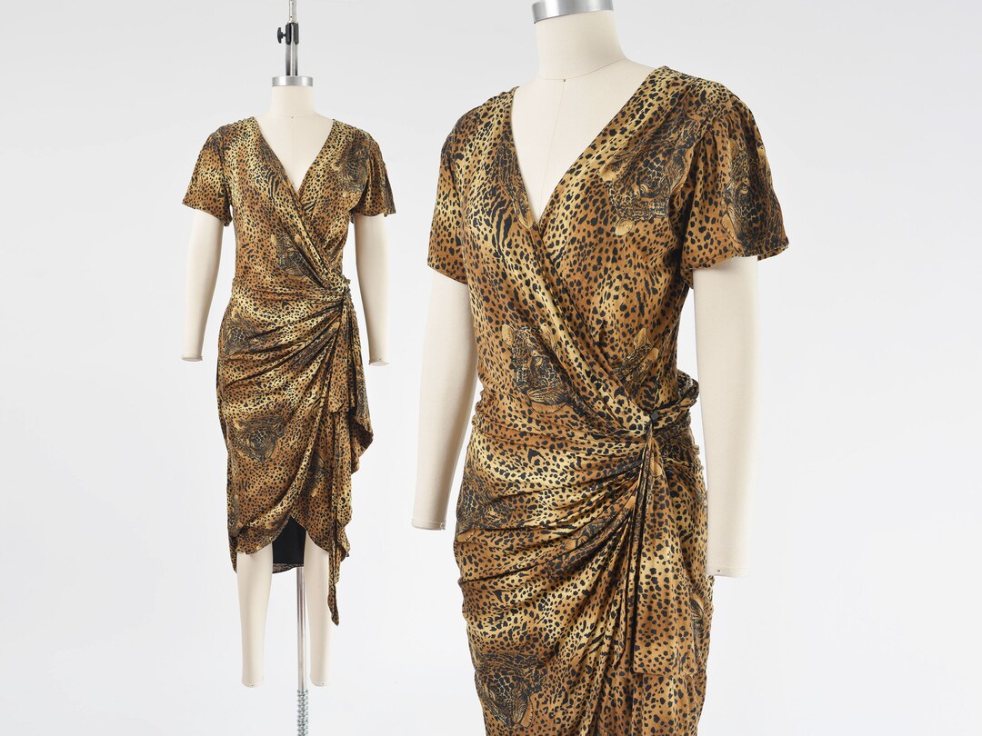Leopard Wrap Dress Size XS S | Vintage 80s Animal Print Sexy Fitted ...