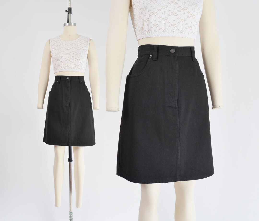 Black Jean Skirt 90s Vintage Bill Blass Minimal Denim High Waist Knee ...