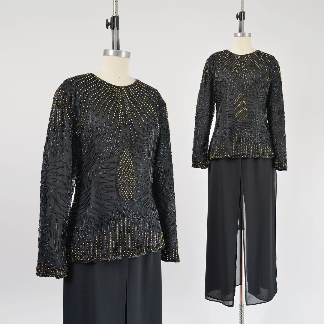 Black and Gold Beaded Blouse 80s Vintage Art Deco Silk Blouse 1980s ...