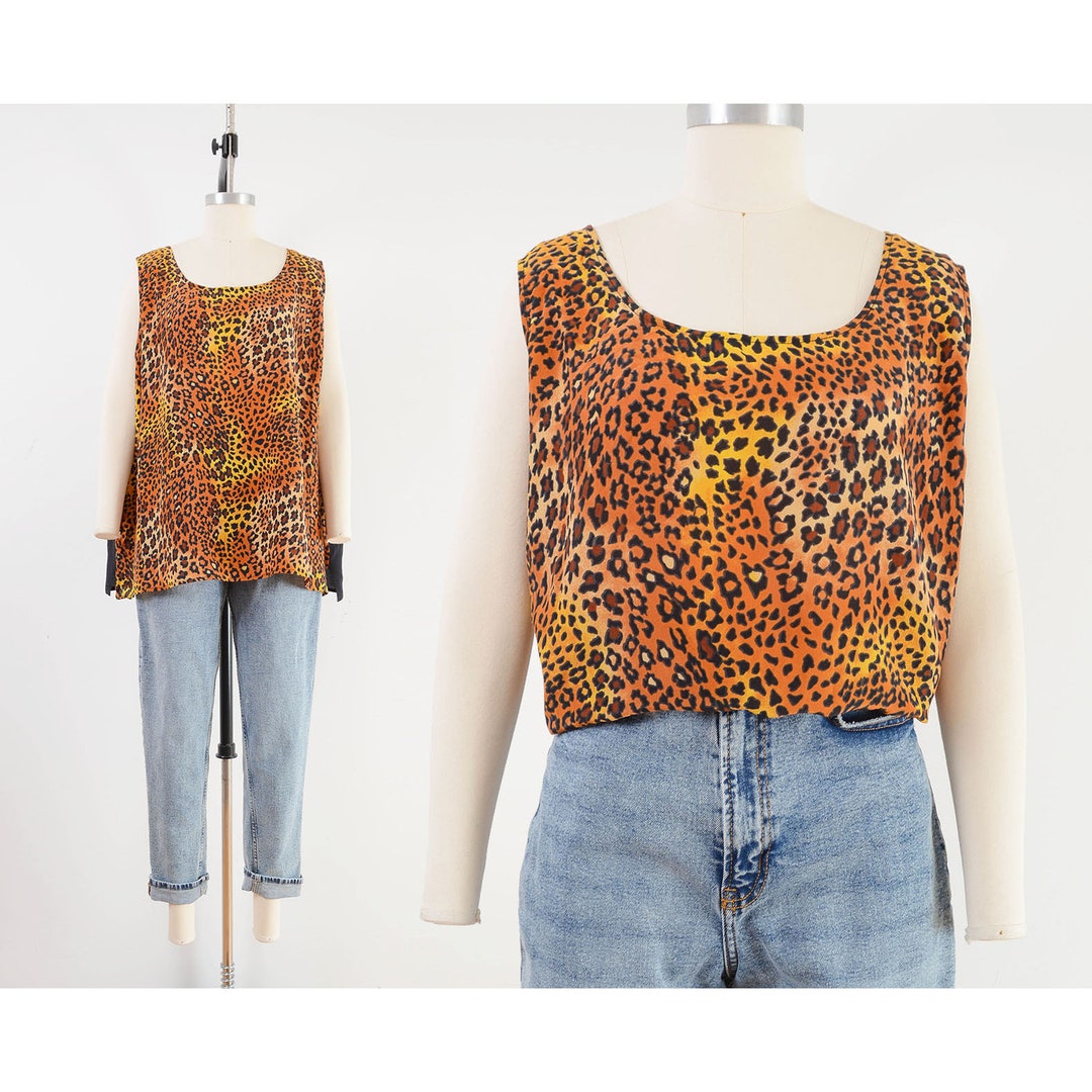 Leopard Silk Tank Top 90s Vintage Animal Print Sleeveless Top Plus Size ...