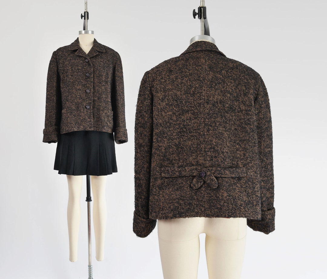 Tweed Wool Jacket 60s Vintage Brown and Black Boxy Jacket With Bow Tie ...