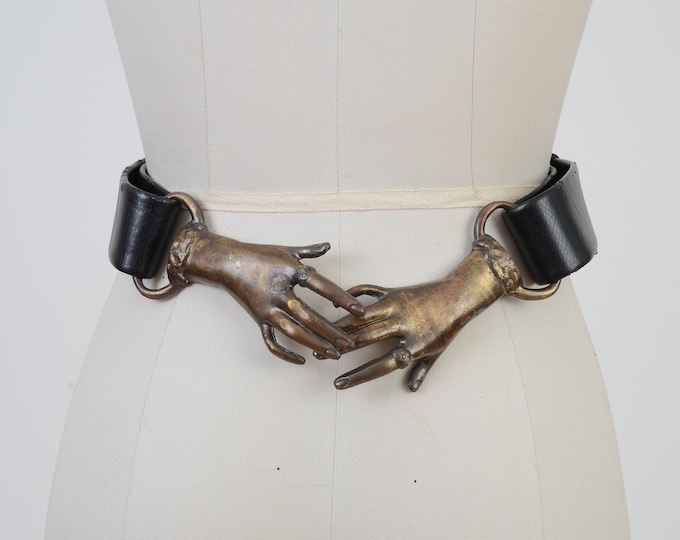 Vintage 70s Victorian Clasping Hands Belt Buckle | Black Vinyl Belt ...