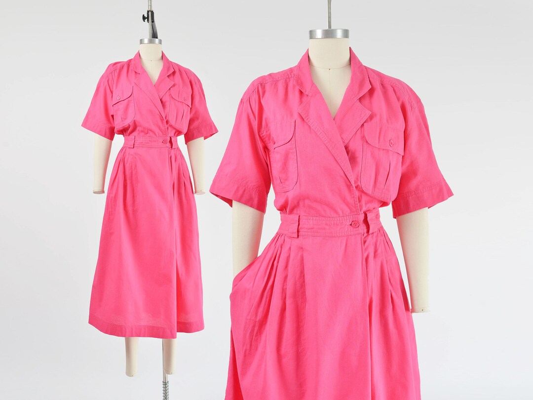 Pink Cotton Shirt Dress 80s Vintage Short Sleeve High Waisted Dress ...