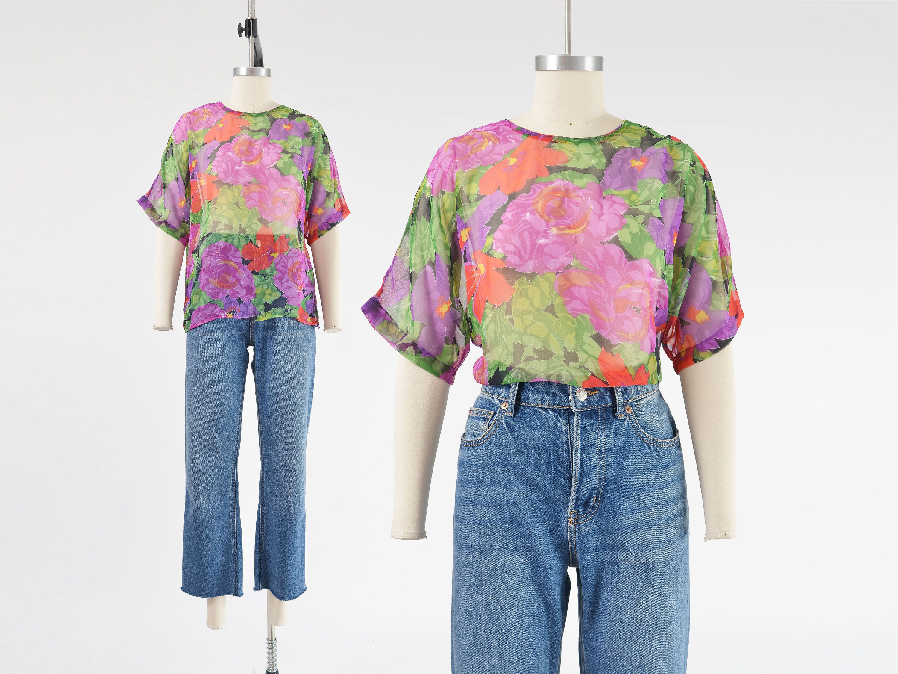 Vintage 80s Colorful Sheer Chiffon Floral Top Dolman Sleeve Vintage 80s Colorful Sheer Chiffon Floral Top Dolman Sleeve