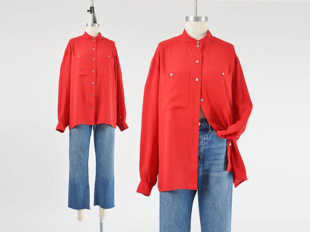 Vintage 90s Cherry Red Button Down Blouse Size Medium | Semi Sheer Minimal Long Sleeve Oversized ...