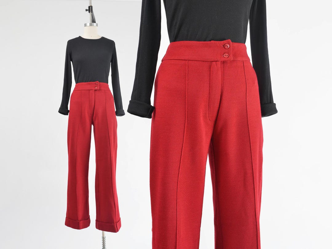 Vintage 70s Cranberry Red Knit Pants High Waisted Wide Leg Trousers ...