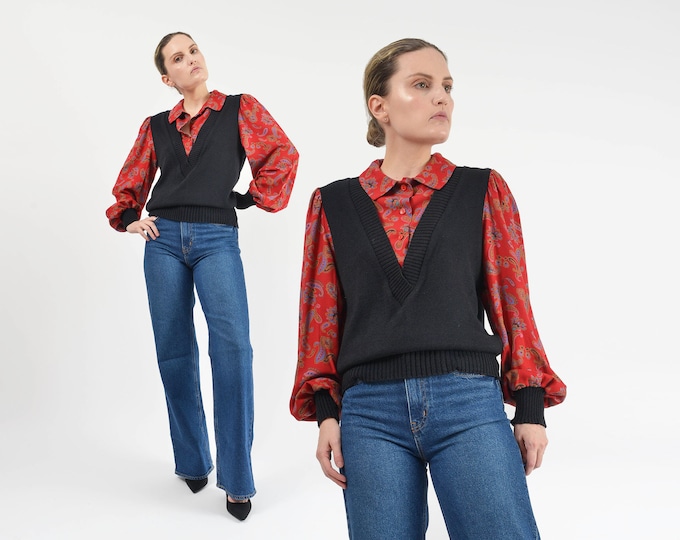 Boho Academia Red Paisley Puff Sleeve Blouse 80s Vintage Black Sweater ...