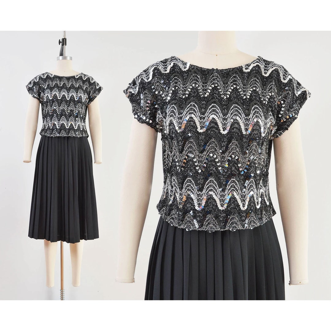 Zig Zag Sequin Top Années 80 Vintage Argent Et Noir Lurex Knit Etsy