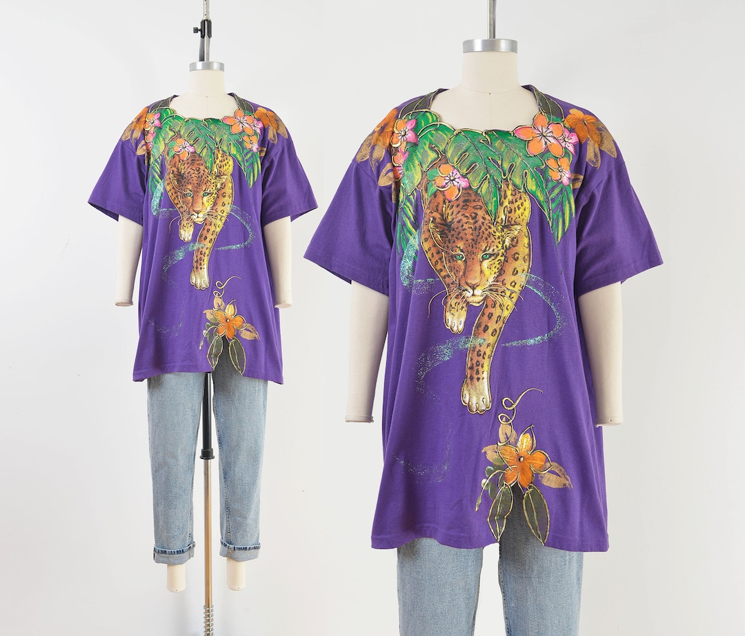 Vintage Purple LEOPARD Puff Paint T-shirt Size L XL Cheetah Animal ...