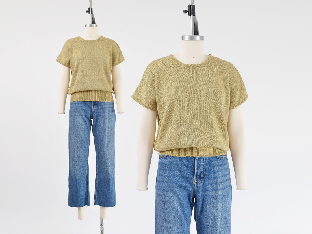 Metallic Gold Sweater 90s Vintage Sparkle Lurex Knit Top Short Sleeve ...