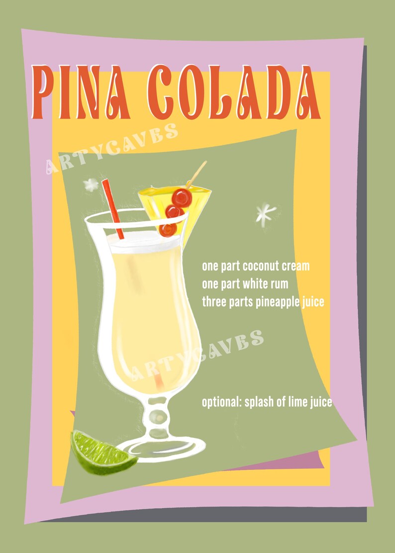 Retro Pina Colada Recipe Art Print, a Unique Gift to Brighten up a ...