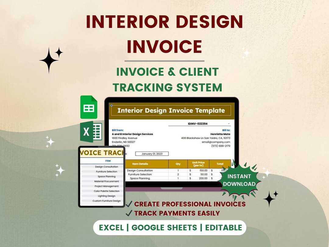 Interior Design Invoice Template | Excel Google Sheets Client Billing ...