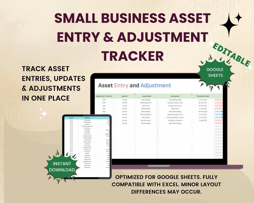 Small Business Asset Entry & Adjustment Tracker, Asset Register ...