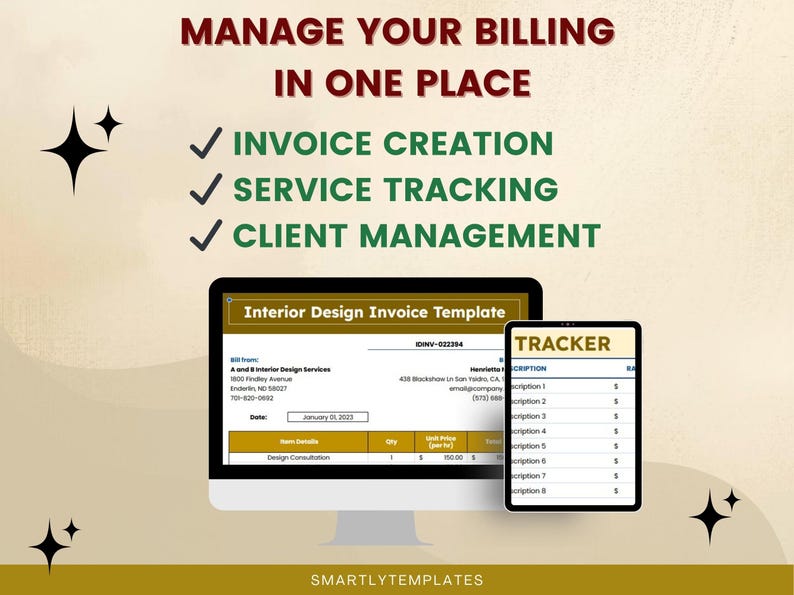 Interior Design Invoice Template | Excel Google Sheets Client Billing ...