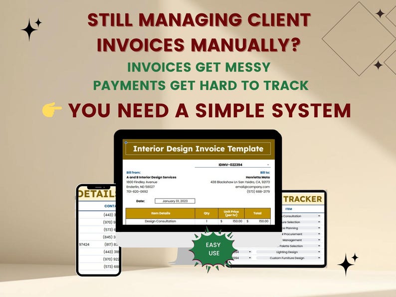 Interior Design Invoice Template | Excel Google Sheets Client Billing ...