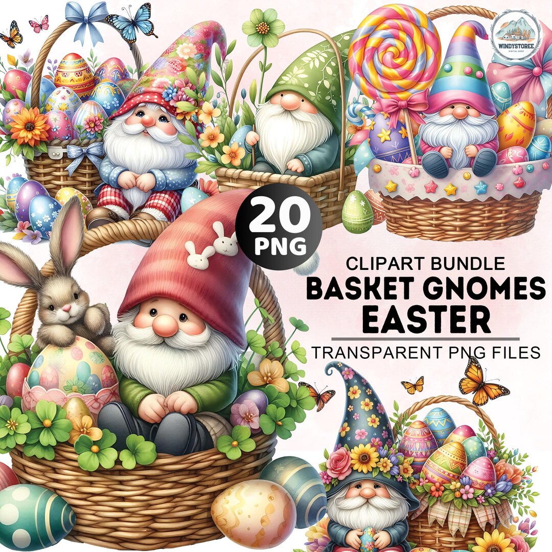 20+ Gnome in Basket Bundle Clipart PNG, Watercolor Easter Basket Gnomes ...