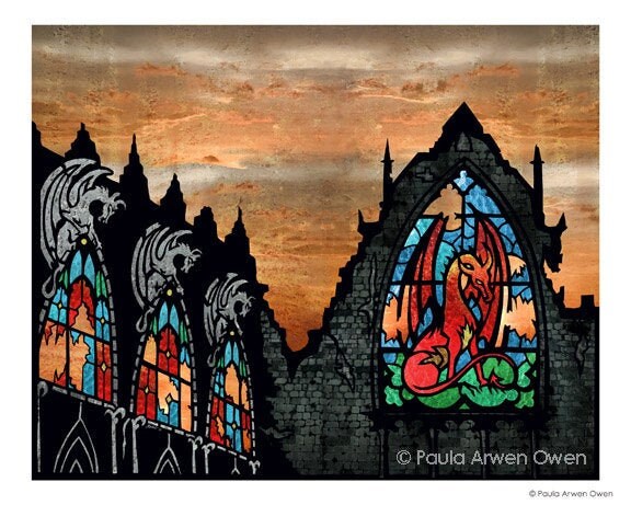 Dragon ART PRINT Gothic Cathedral Fantasy Illustration Cut | Etsy
