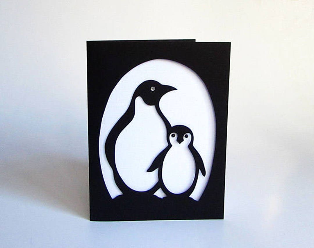 Penguin Card Christmas Solstice Winter Scene Black and White Paper Art ...