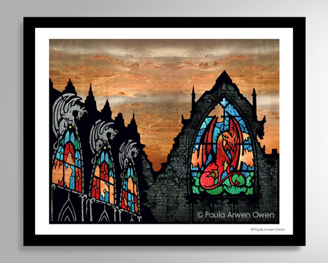 Dragon ART PRINT Gothic Cathedral Fantasy Illustration Cut | Etsy