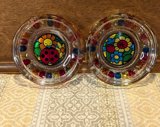 Vintage Painted Glass Ashtrays: Floral Ladybug Retro Decor - Etsy