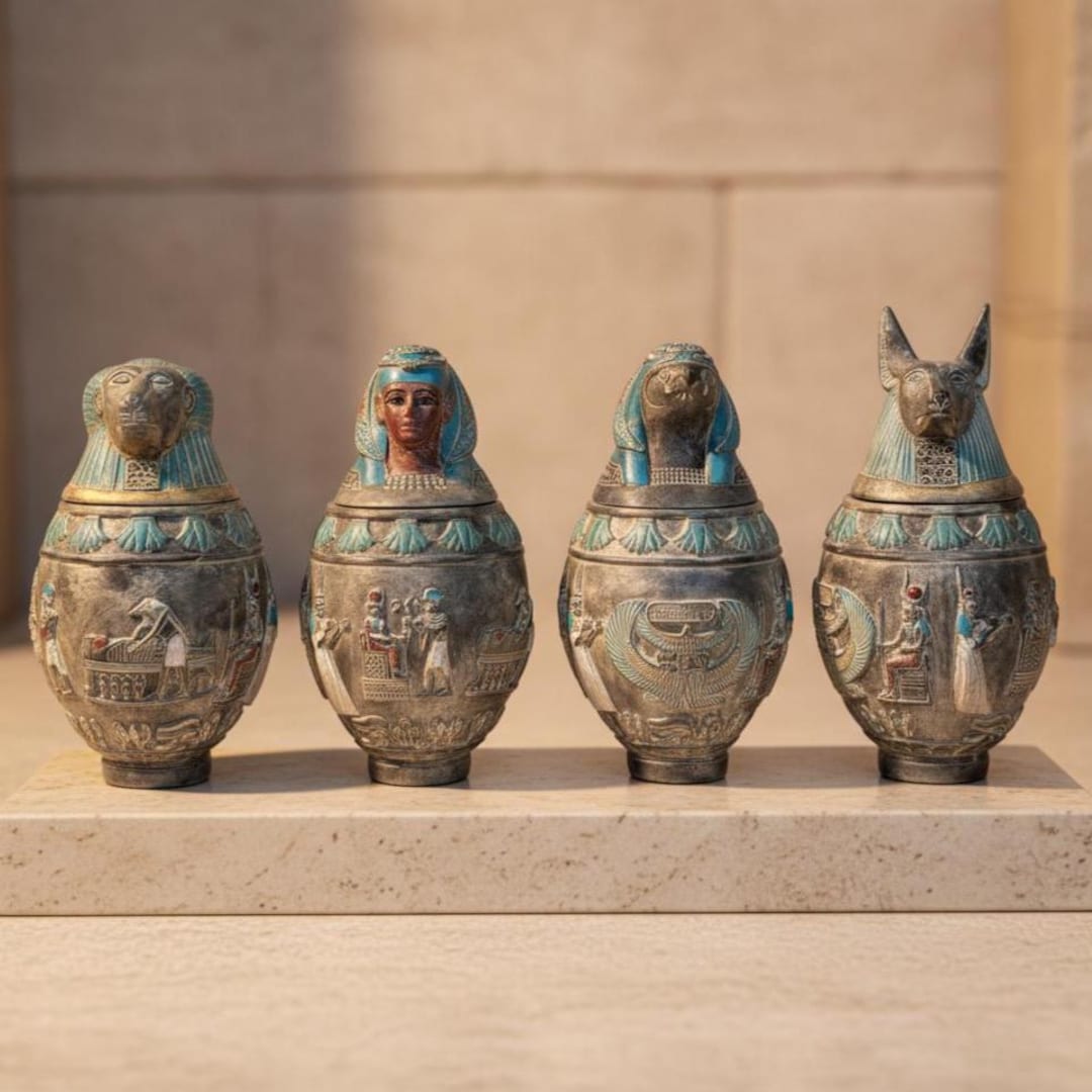 Ancient Egyptian Canopic Jar Set Four Sons of Horus Statues Funerary ...