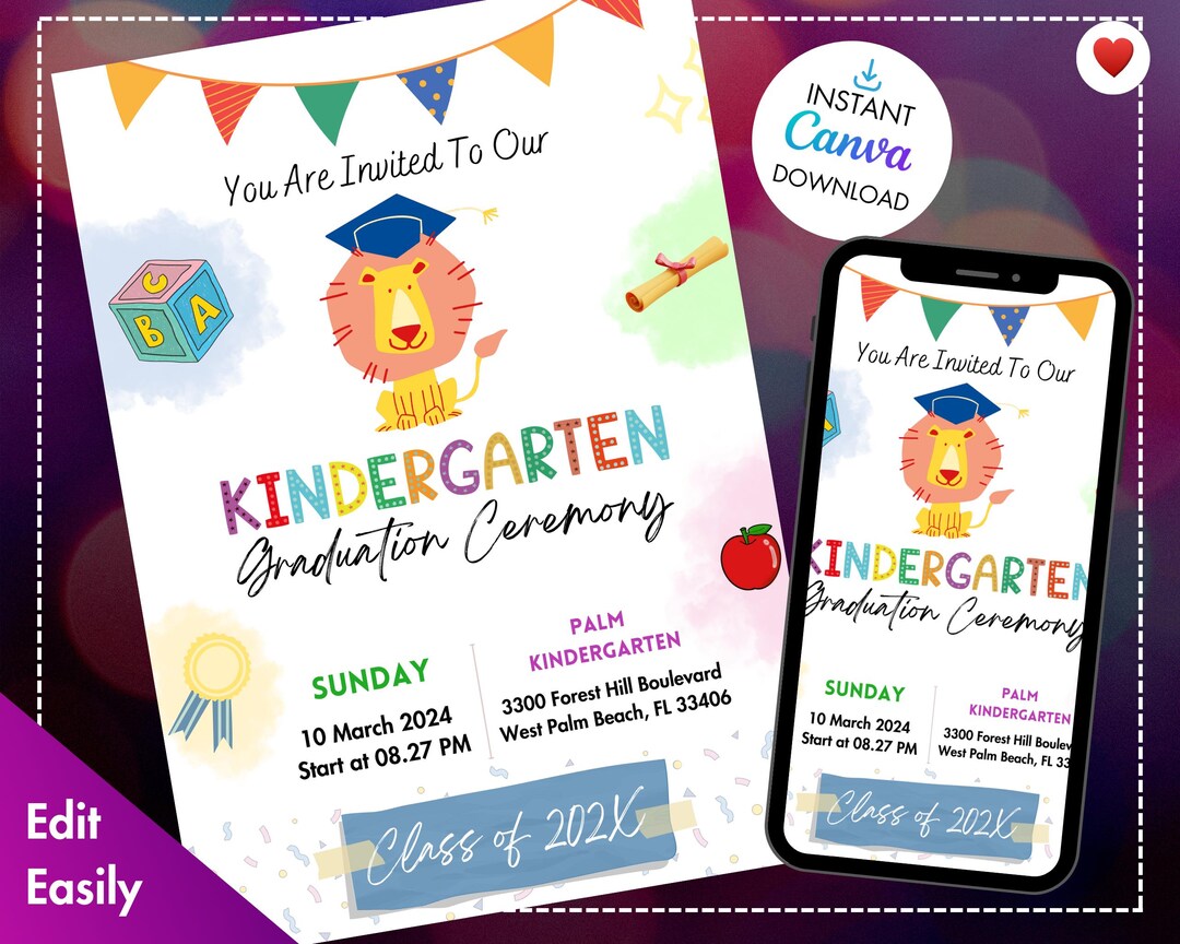Editable Kindergarten Preschool Graduation Invite Template Canva ...
