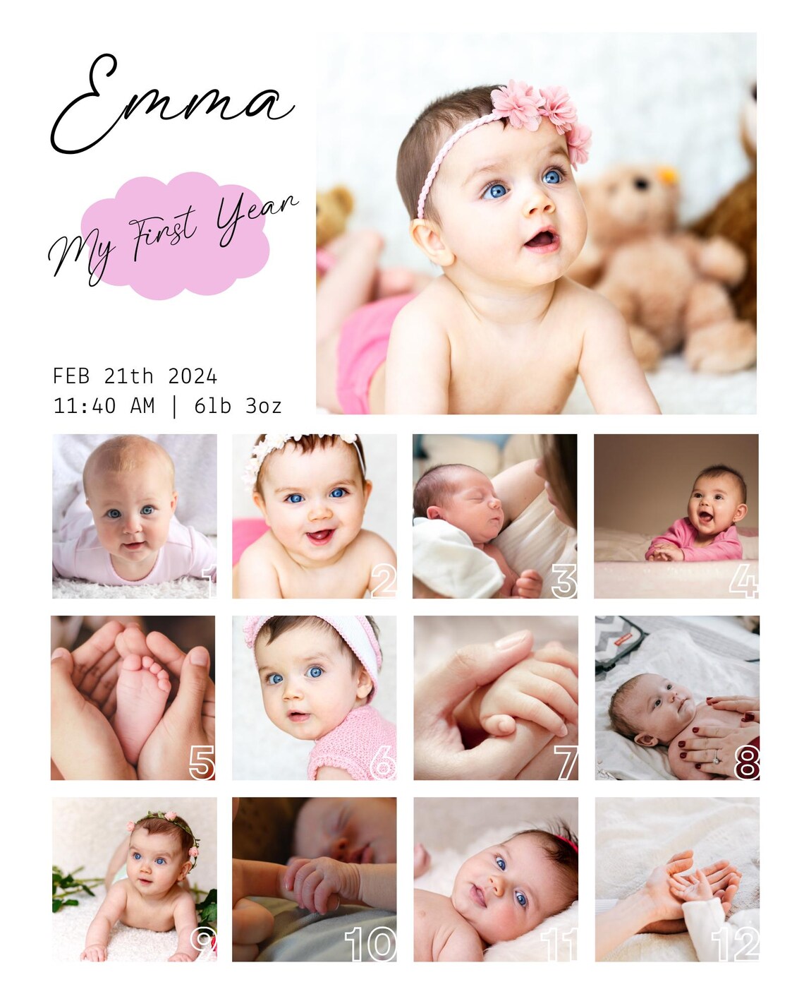 Editable First Year Photo Collage Template, Baby 1st Birthday Gift ...