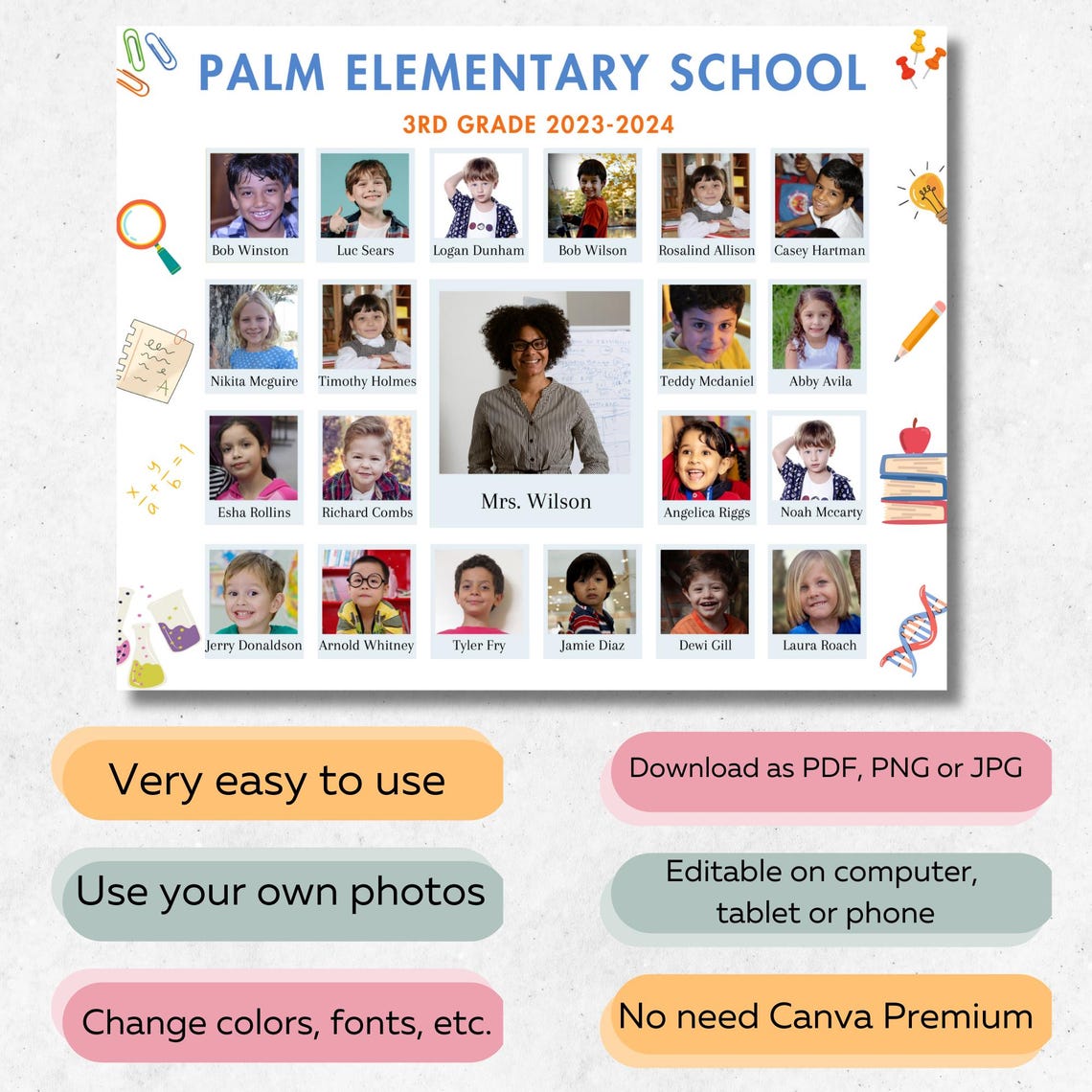 Editable School Class Photo Template in Canva, Colorful Template,20 24 ...