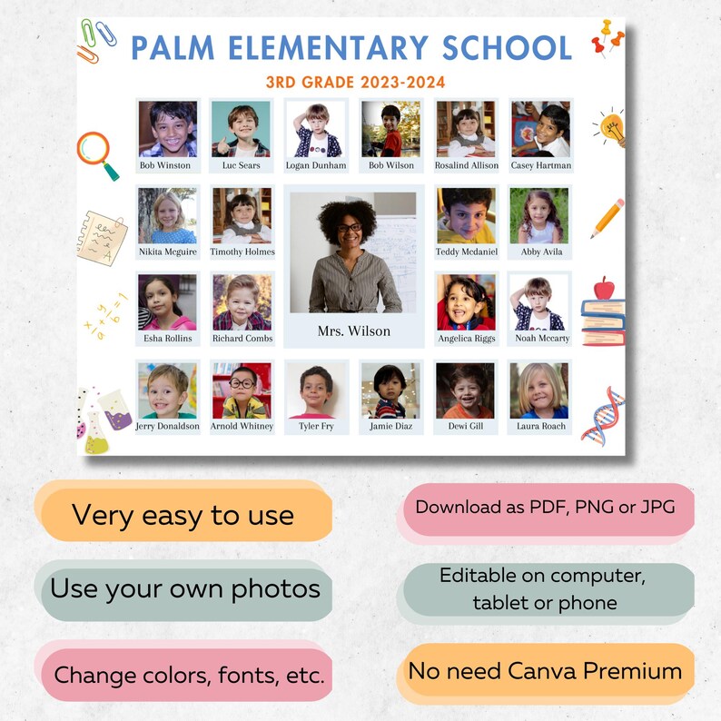 Editable School Class Photo Template in Canva, Colorful Template,20 24 ...