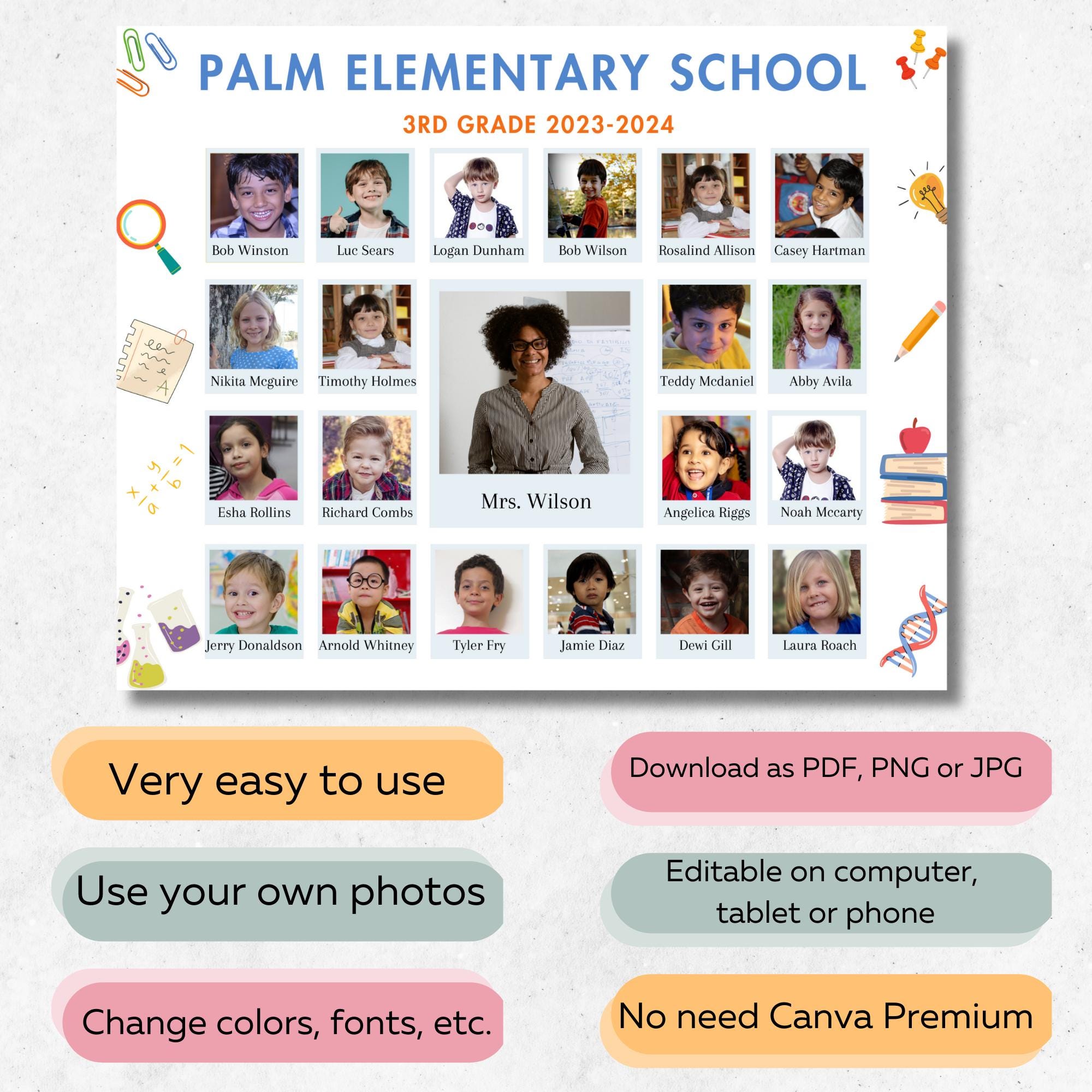 Editable School Class Photo Template in Canva, Colorful Template,20 24 ...