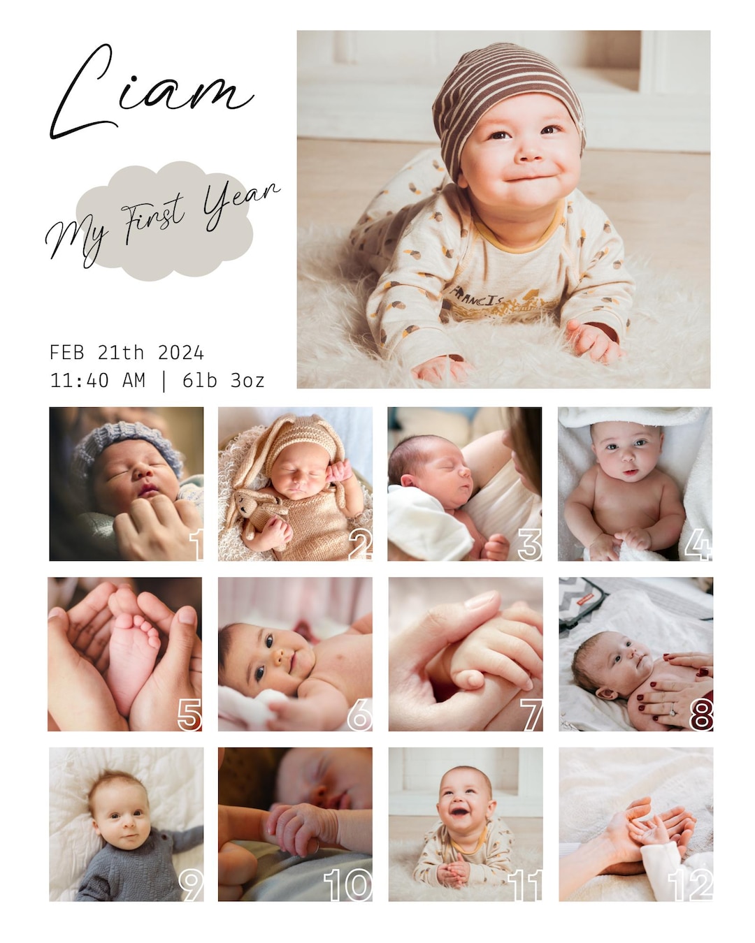 Editable First Year Photo Collage Template, Baby 1st Birthday Gift ...