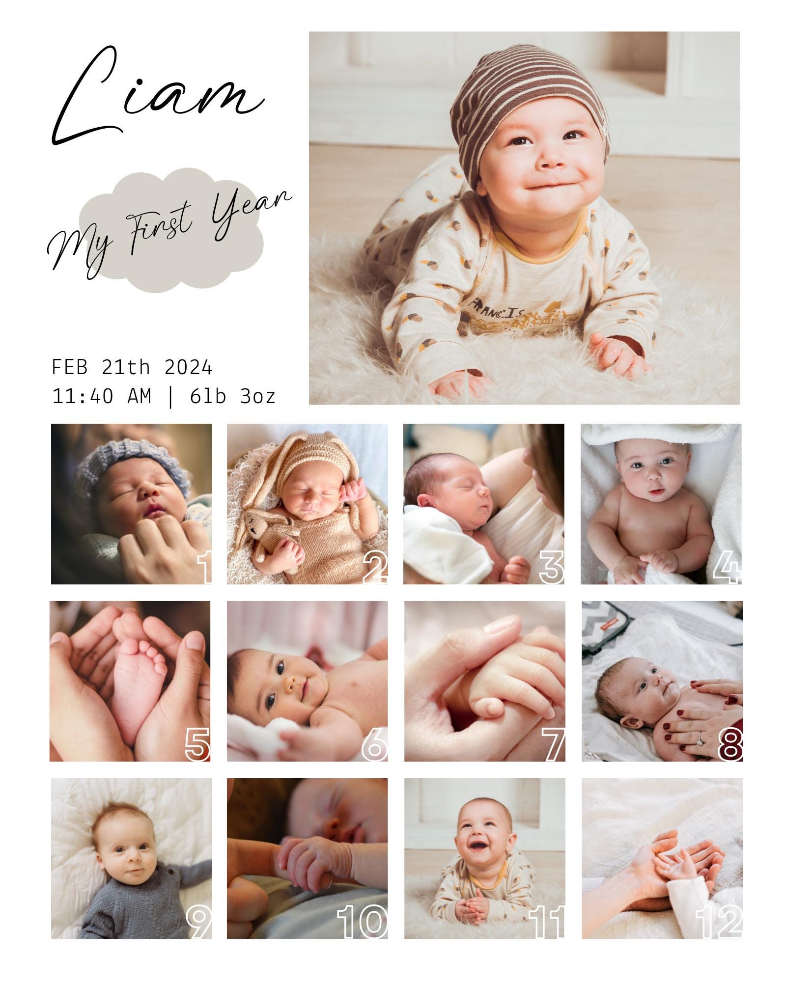 Editable First Year Photo Collage Template, Baby 1st Birthday Gift ...