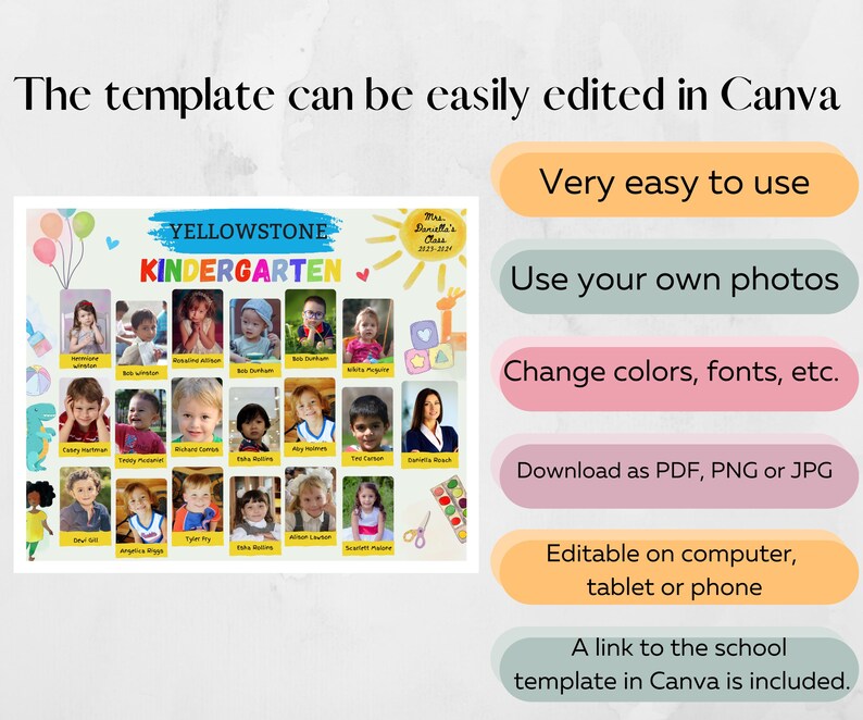 Editable School Class Photo Template in Canva, Colorful Template,24 ...