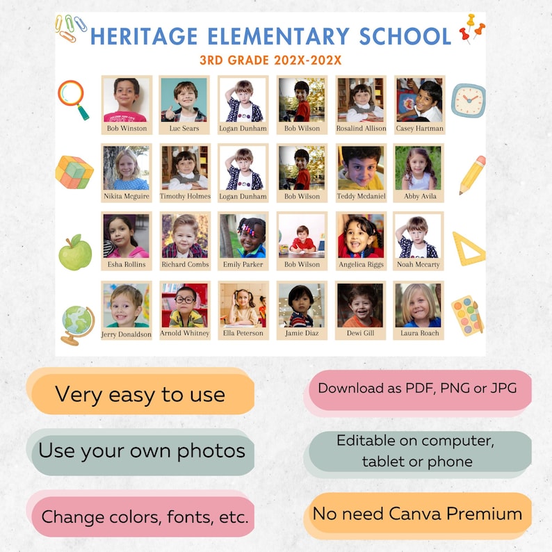 Editable School Class Photo Template in Canva, Colorful Template, 20 24 ...