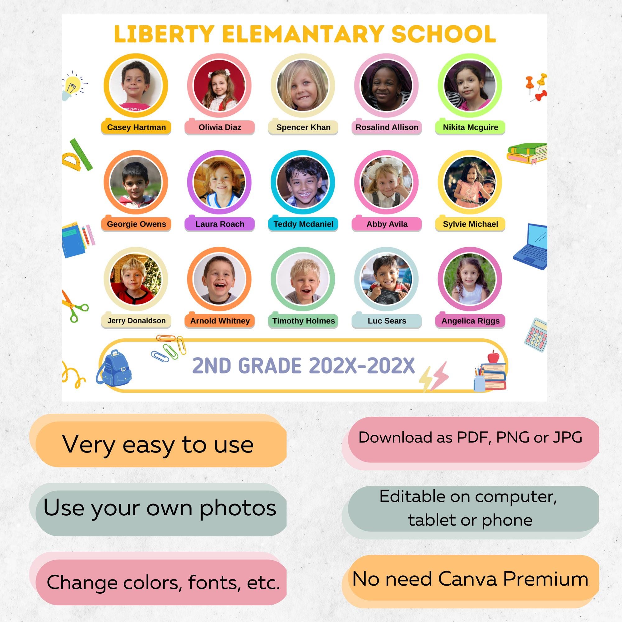 Editable School Class Photo Template in Canva, Colorful Template,15 16 ...