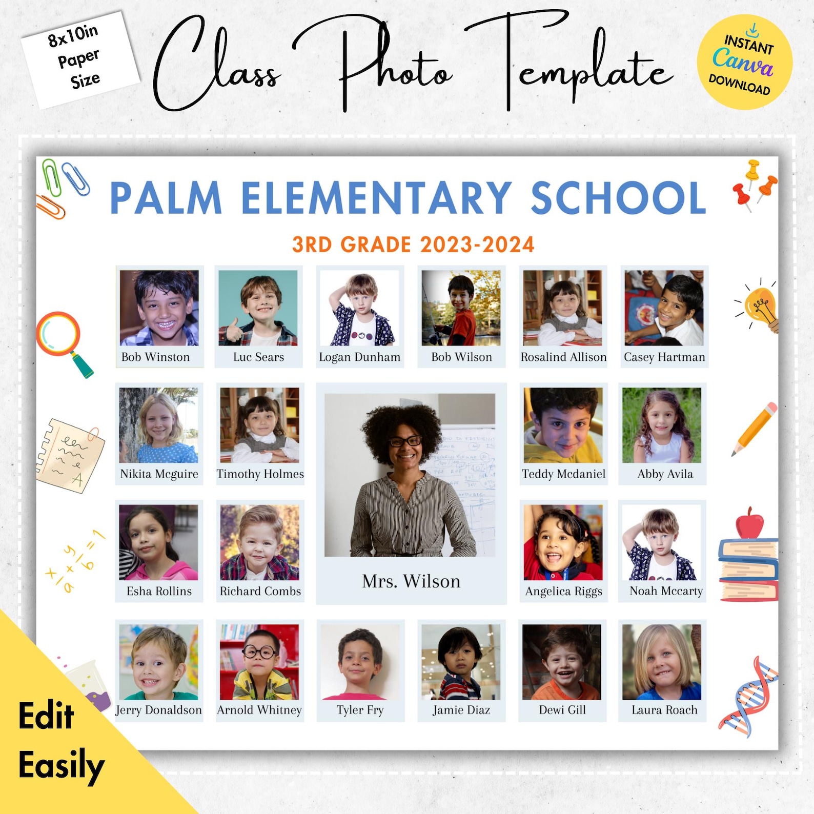 Editable School Class Photo Template in Canva, Colorful Template,20 24 ...
