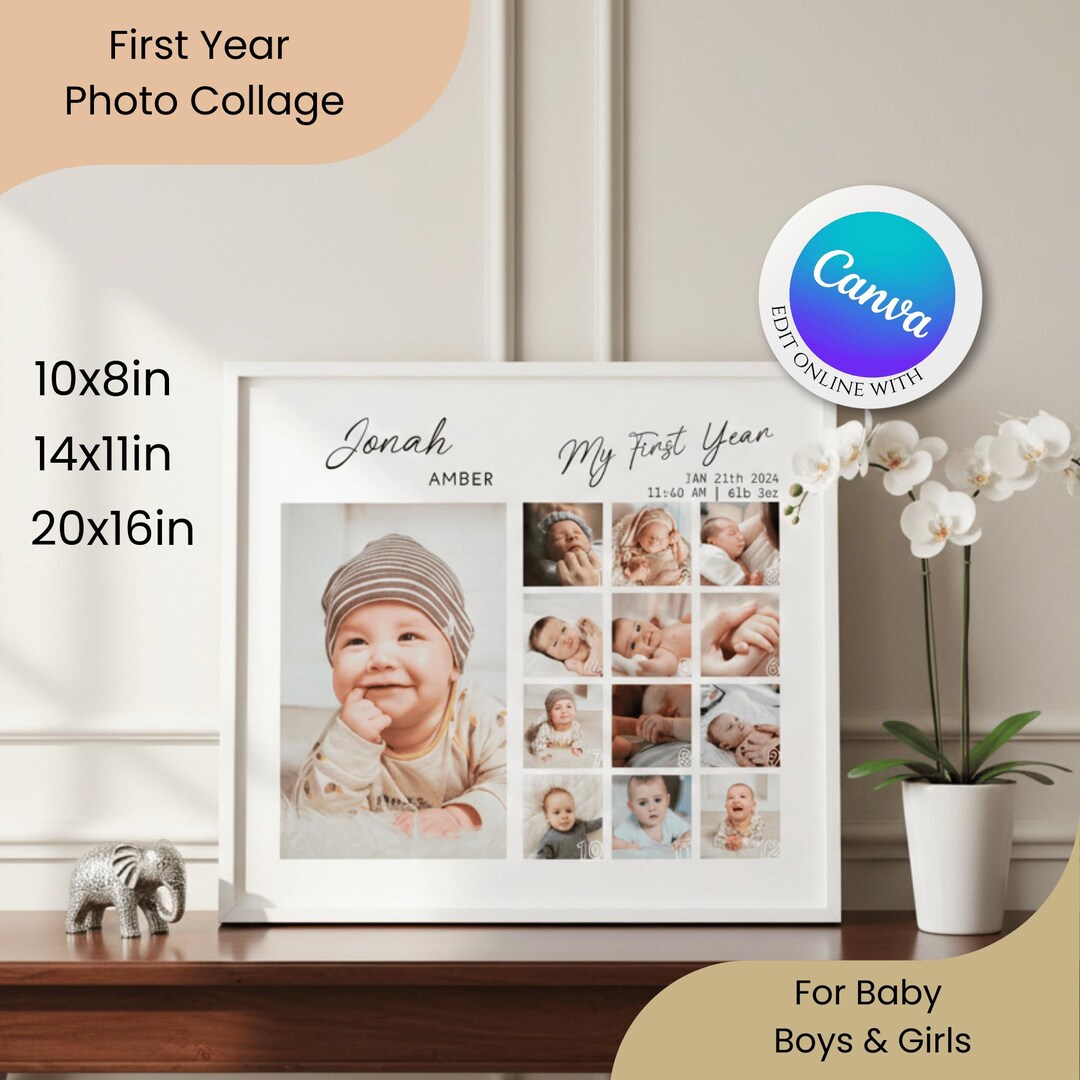 Editable First Year Photo Collage Template, Baby 1st Birthday Gift ...