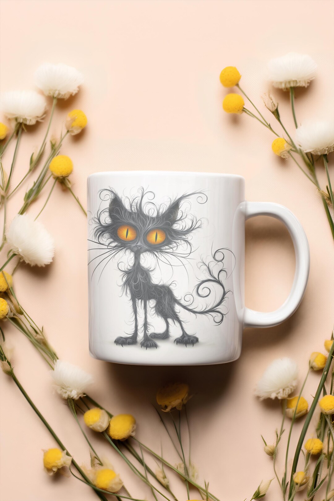 Frizzy Grey Cat Ceramic Mug, Cute Cat Lover Coffee Cup, Funny Animal ...