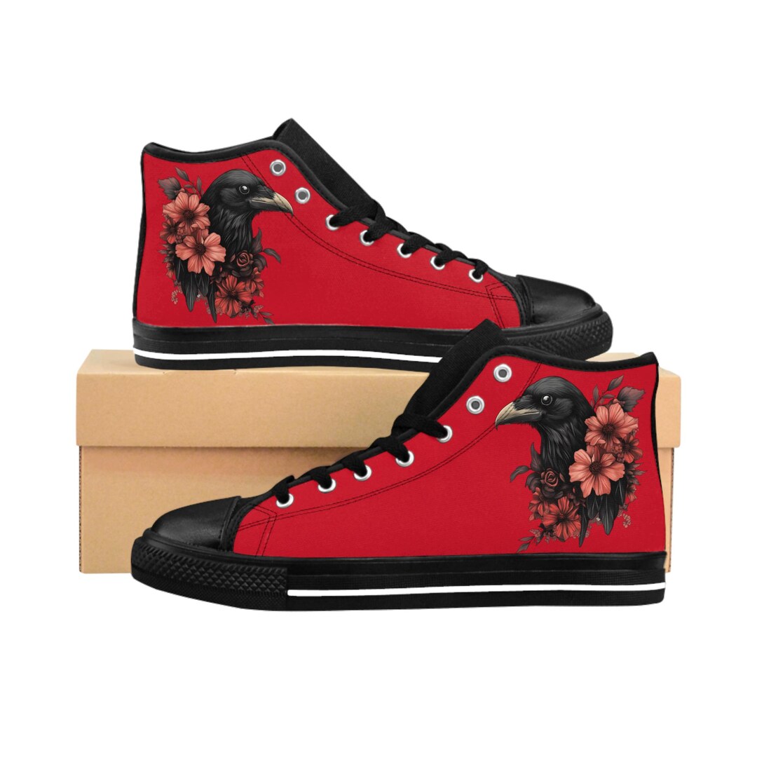 Black Crow With Flowers Women's Classic Shoes, Red Background, Floral ...