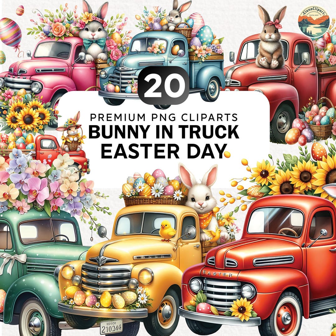 20+ Watercolor Easter Bunny in Truck Clipart PNG Bundle, Easter Truck ...