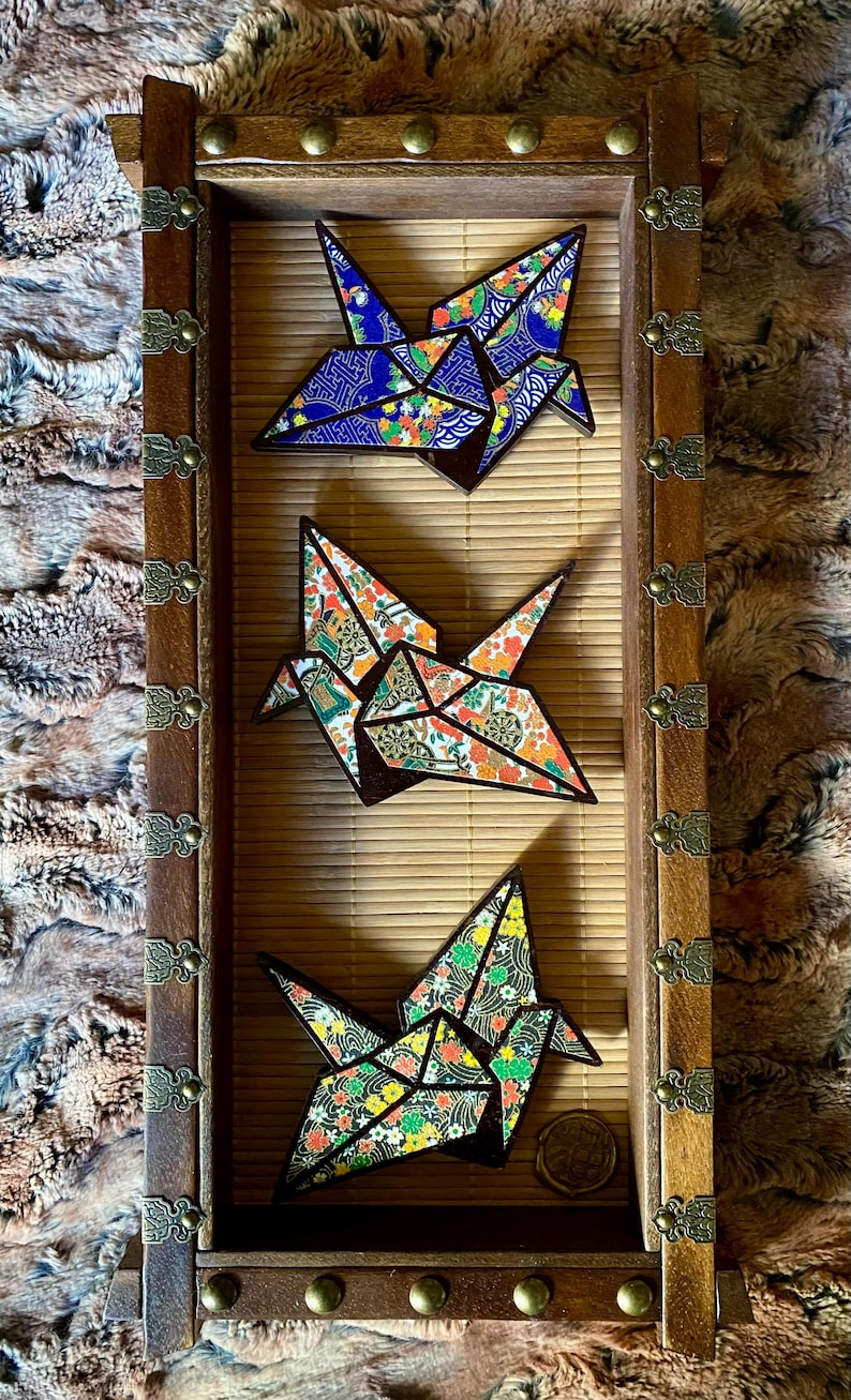 Origami Crane Wall Art – Wood W/ Washi Paper Inlays, Armored Wooden ...