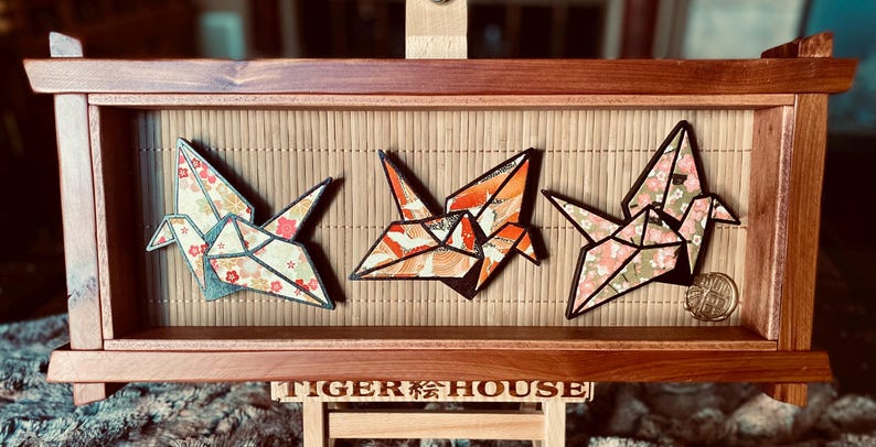 Origami Crane Wall Art Shadowbox – Wood W/ Washi Paper Inlays, Cedar ...