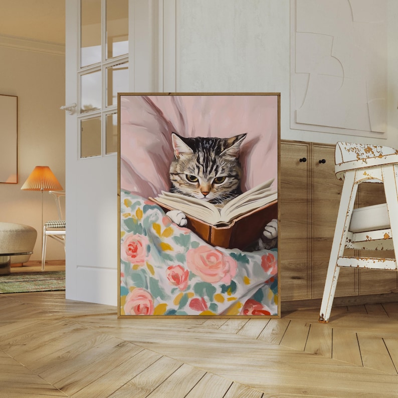 Tabby Cat Reading Book Poster: Whimsical Library Art (digital Download ...