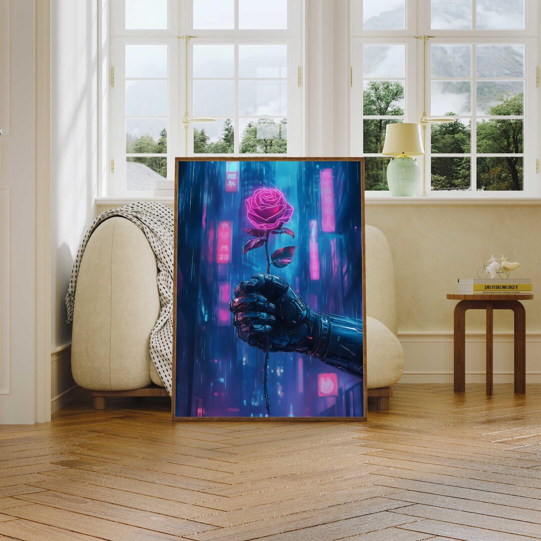 Vaporwave Art Print Red Rose, Neon Dystopian City, Futuristic Robot ...