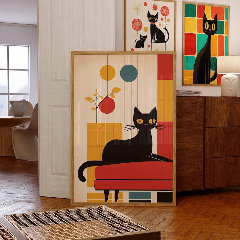 Mid-century Modern Cat Art Print: Atomic Geometric Poster (digital ...